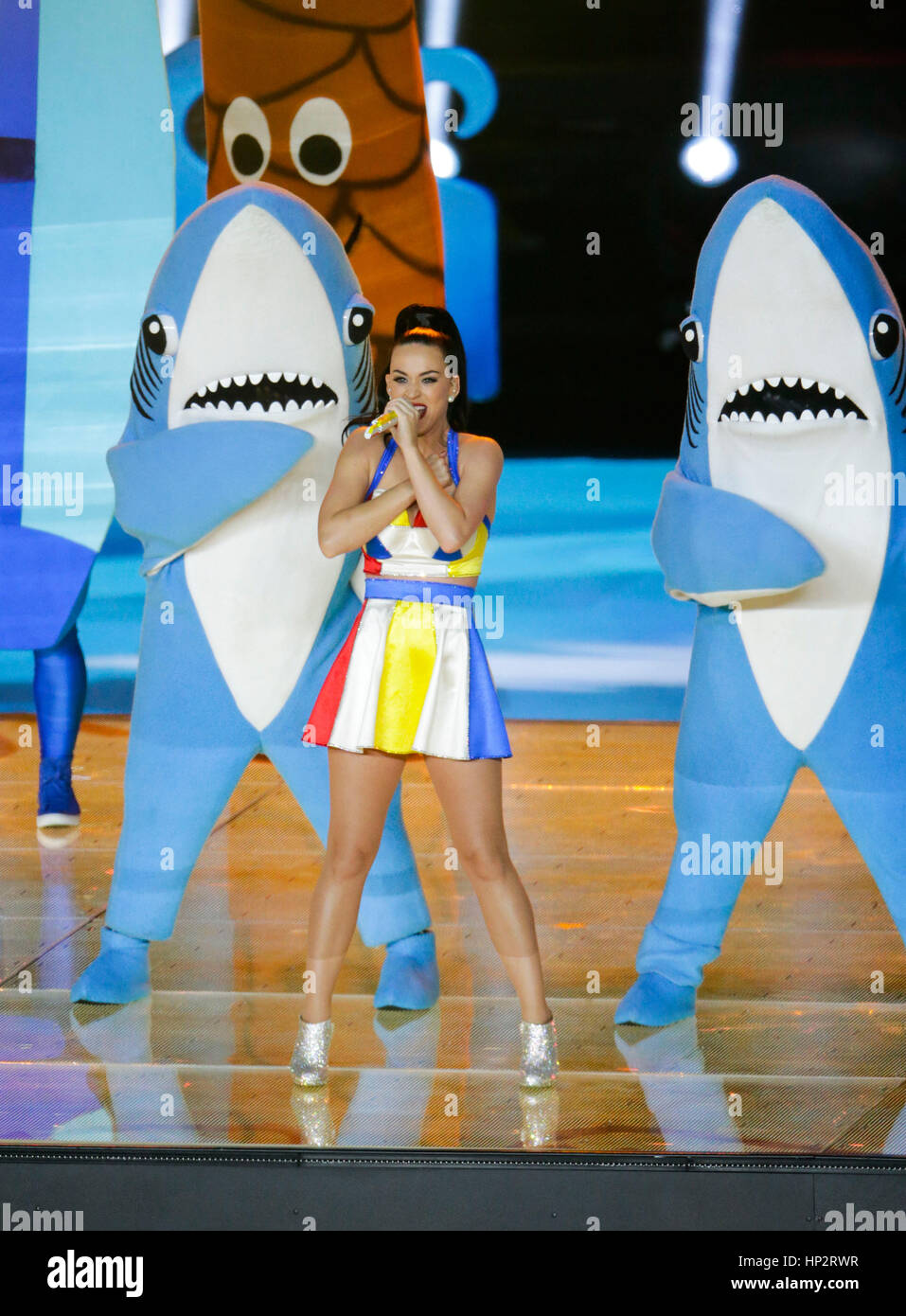 Katy Perry performs with sharks at the Super Bowl XLIX in Glendale ...