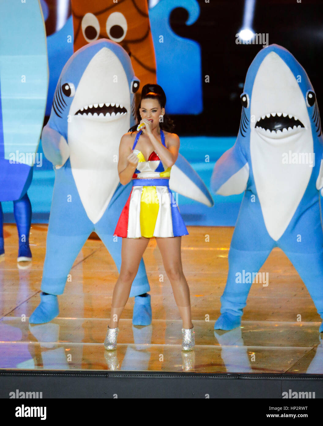Katy Perry performs with sharks at the Super Bowl XLIX in Glendale ...