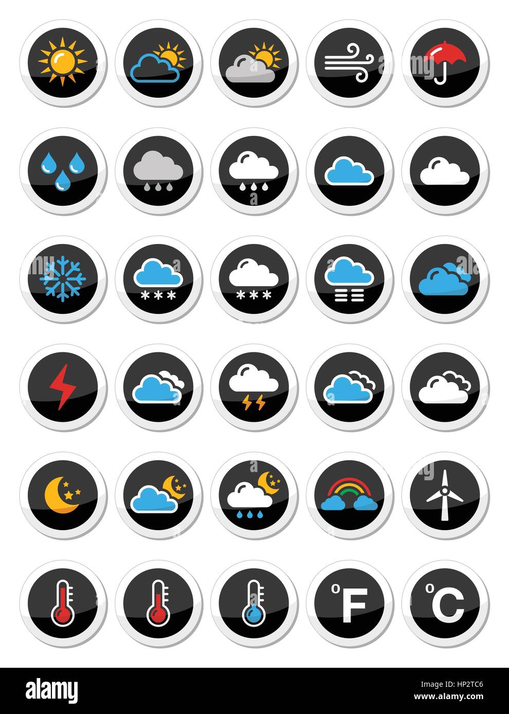 Weather round vector icons set.Round weather conditions, seasons icons ...