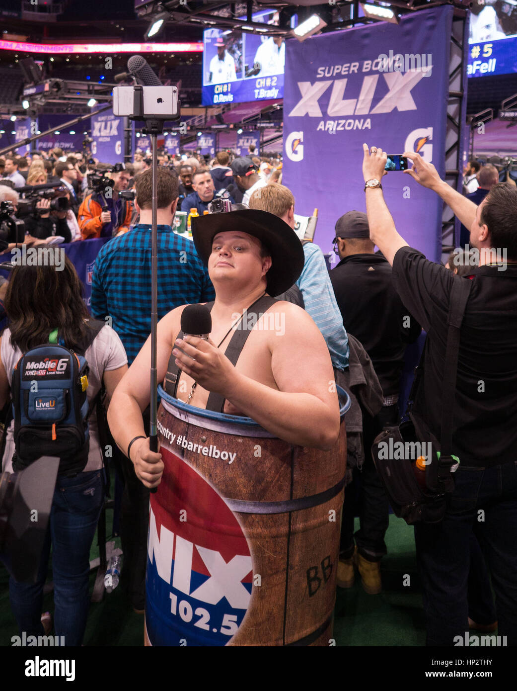 KNIX Radio reporter Barrel Boy on Super Bowl Media Day on January 27 ...