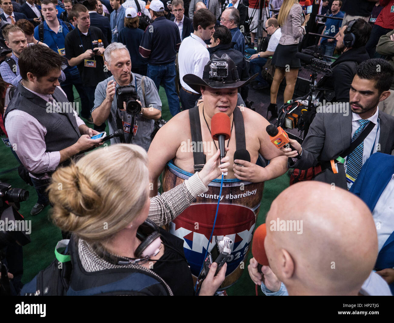 KNIX Radio reporter Barrel Boy on Super Bowl Media Day on January 27 ...