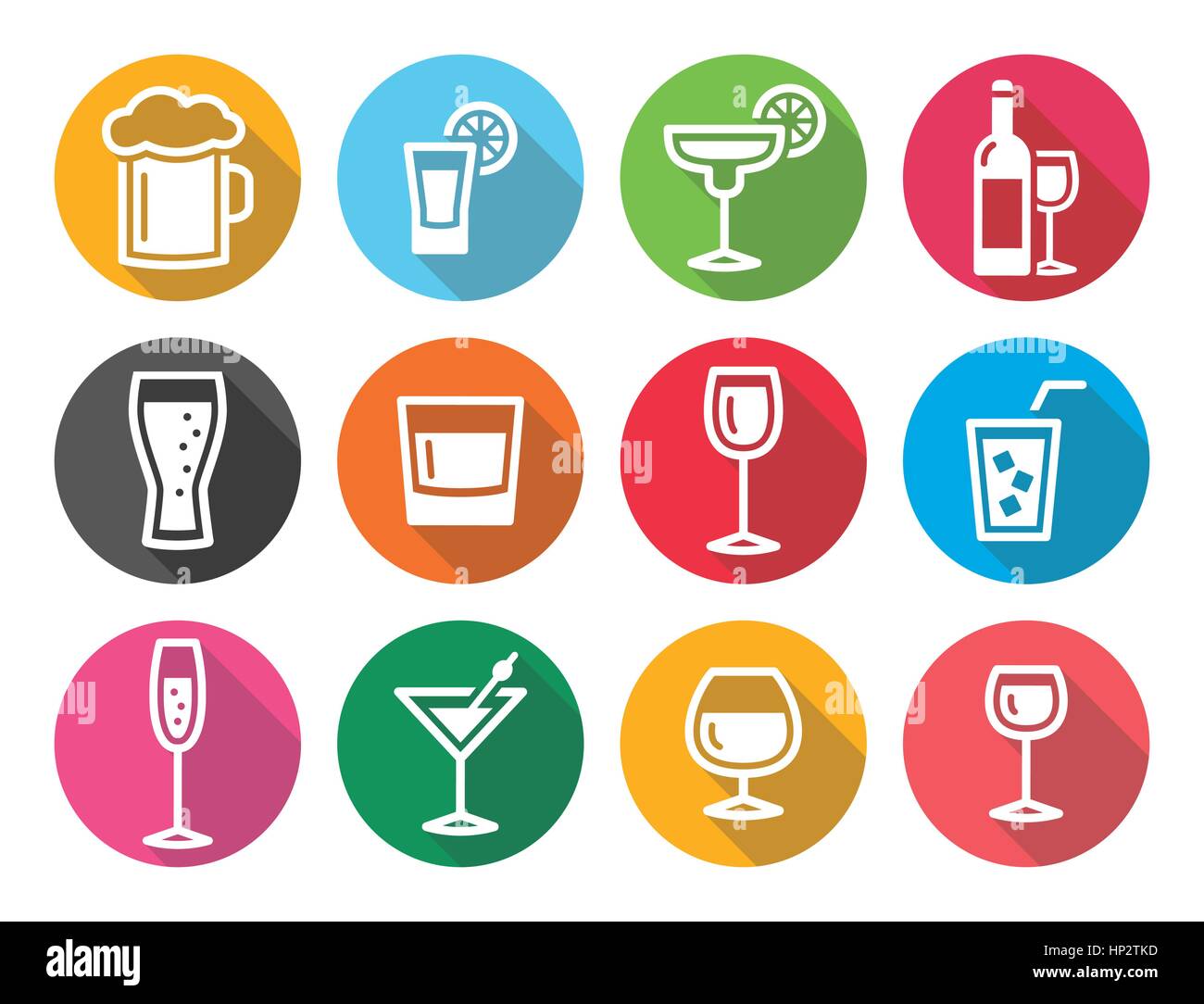 Drink alcohol beverage round flat design.Beverages black colorful icons ...