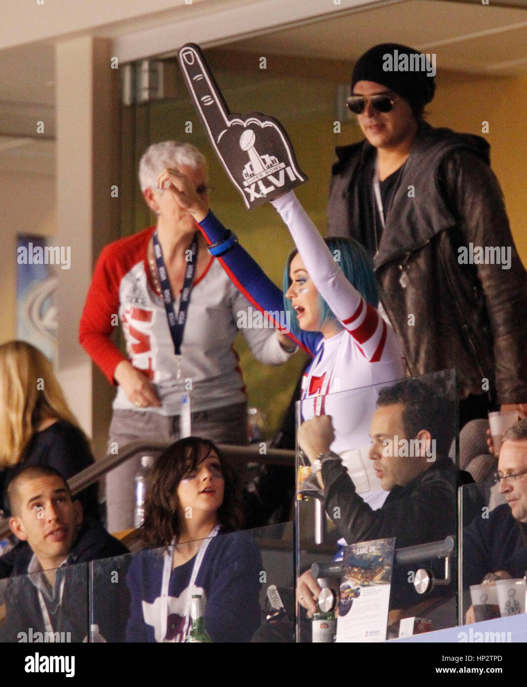 Katy Perry cheers for the New York Giants during Super Bowl XLVI in ...