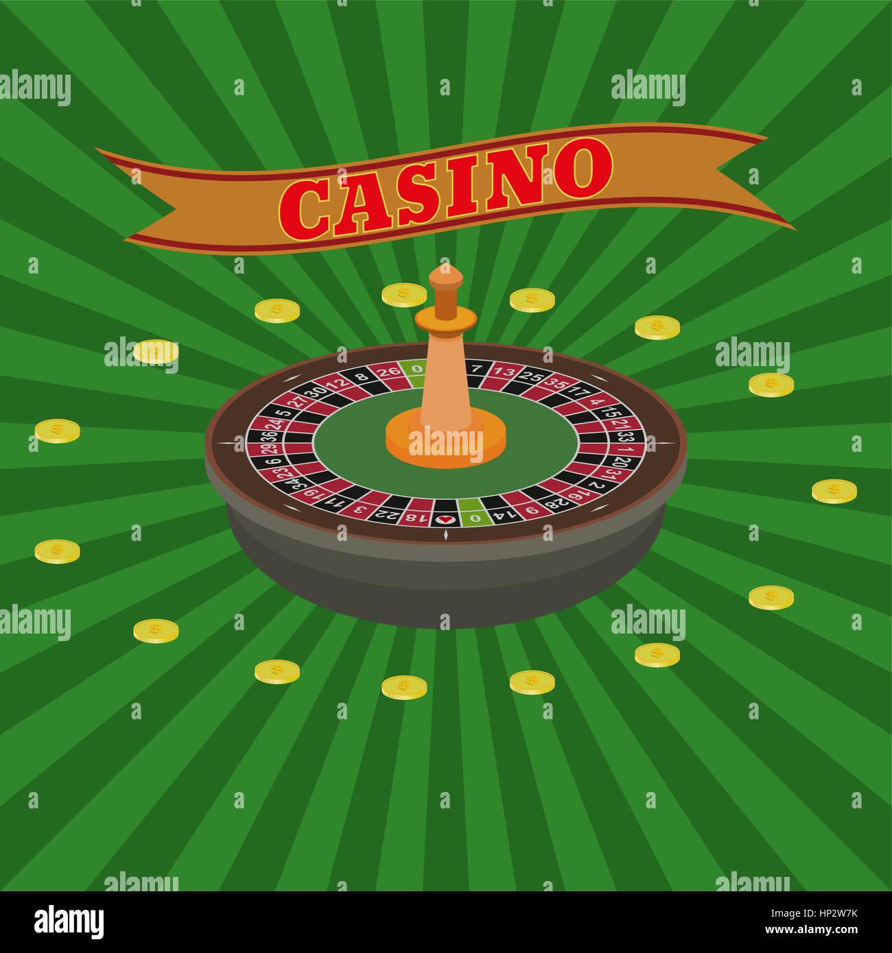 Casino set. Roulette and dollar coins on a radiant background. Vector ...