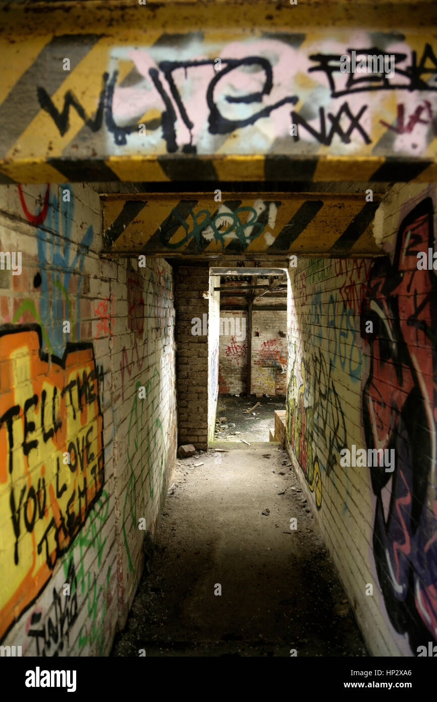 Graffiti and vandalism in abandoned derelict industrial building Stock ...