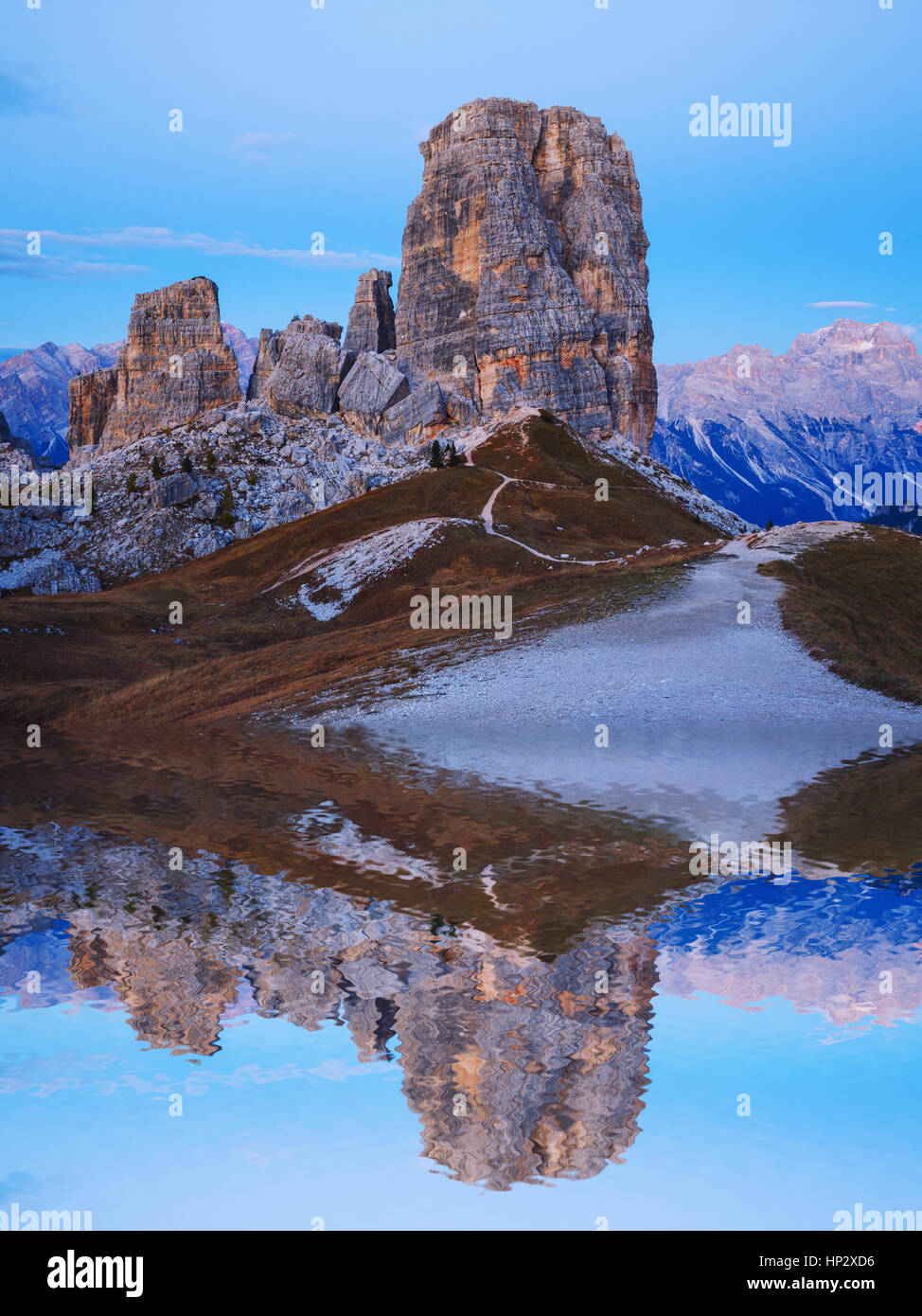 Cinque Torri rock formation under evening sun, Dolomite Alps, Italy ...