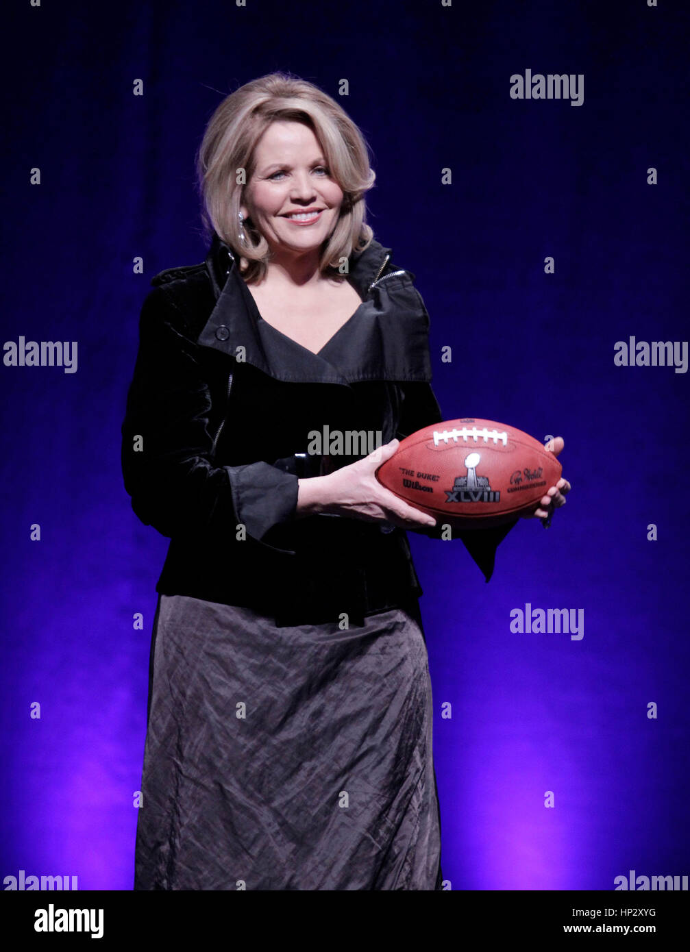 Singer Renee Fleming talks at the press conference for the Super Bowl ...