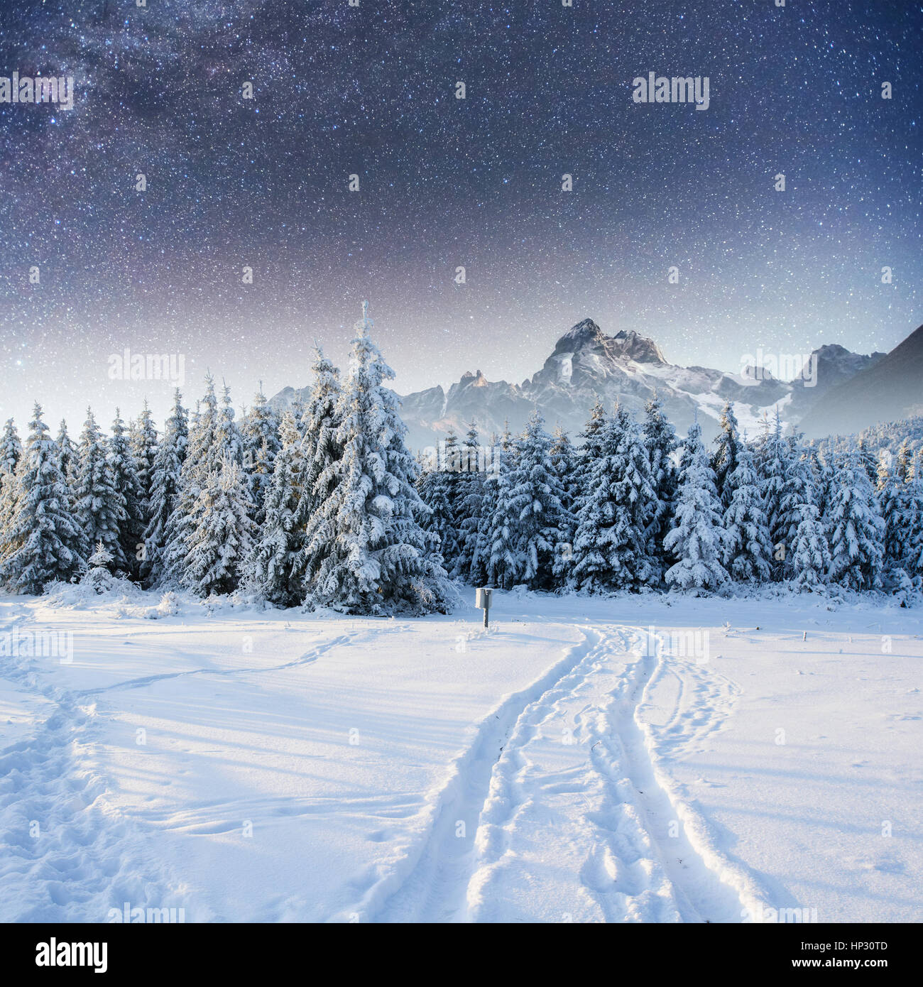 starry sky in winter snowy night. fantastic milky way Stock Photo - Alamy