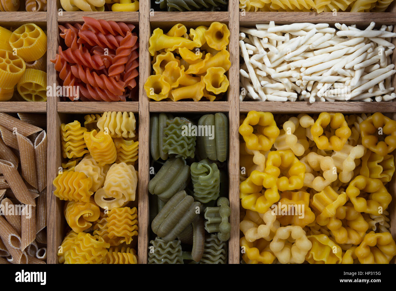 Variety of types, colors and shapes of Italian pasta. Dry pasta ...