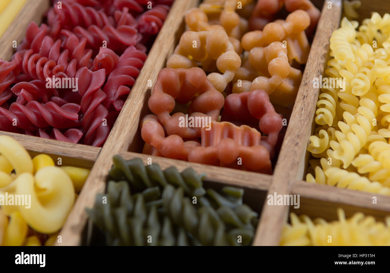 Variety of types, colors and shapes of Italian pasta. Dry pasta ...