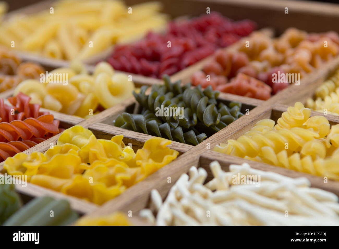 Variety of types, colors and shapes of Italian pasta. Dry pasta ...