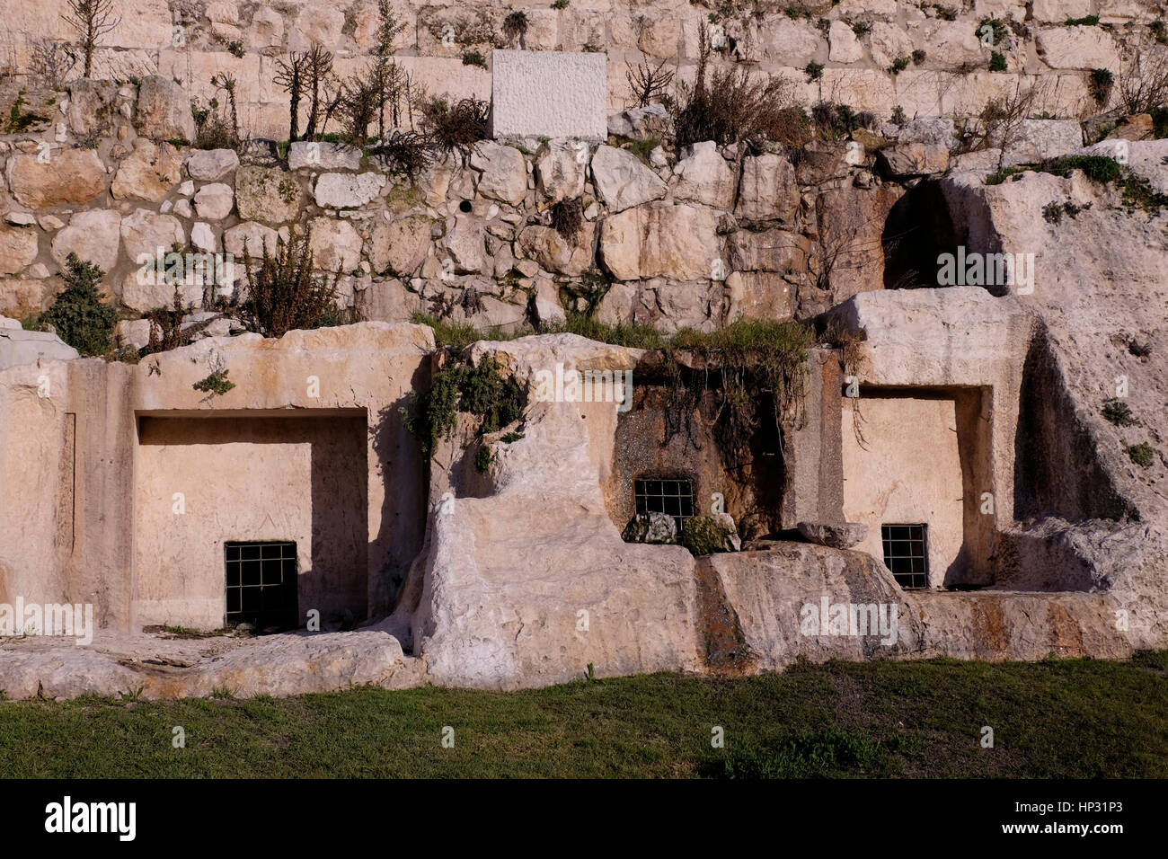 View of ancient burial caves from the late first Jewish temple located ...