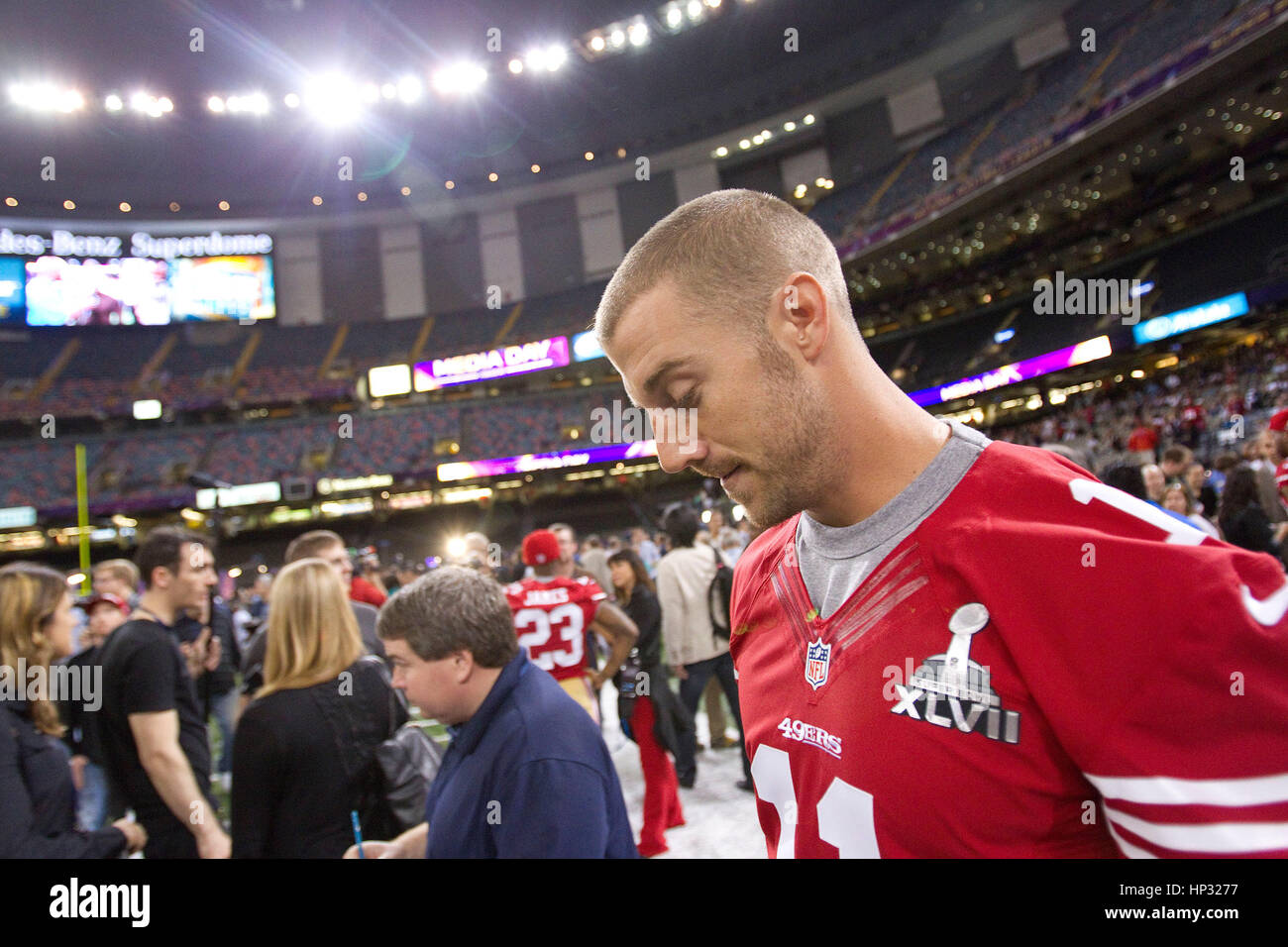 San Francisco 49ers quarter back Alex Smith talks to reporters at the ...