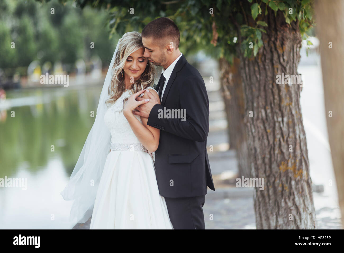 Happy young couple poses for photographers on her happiest day Stock ...