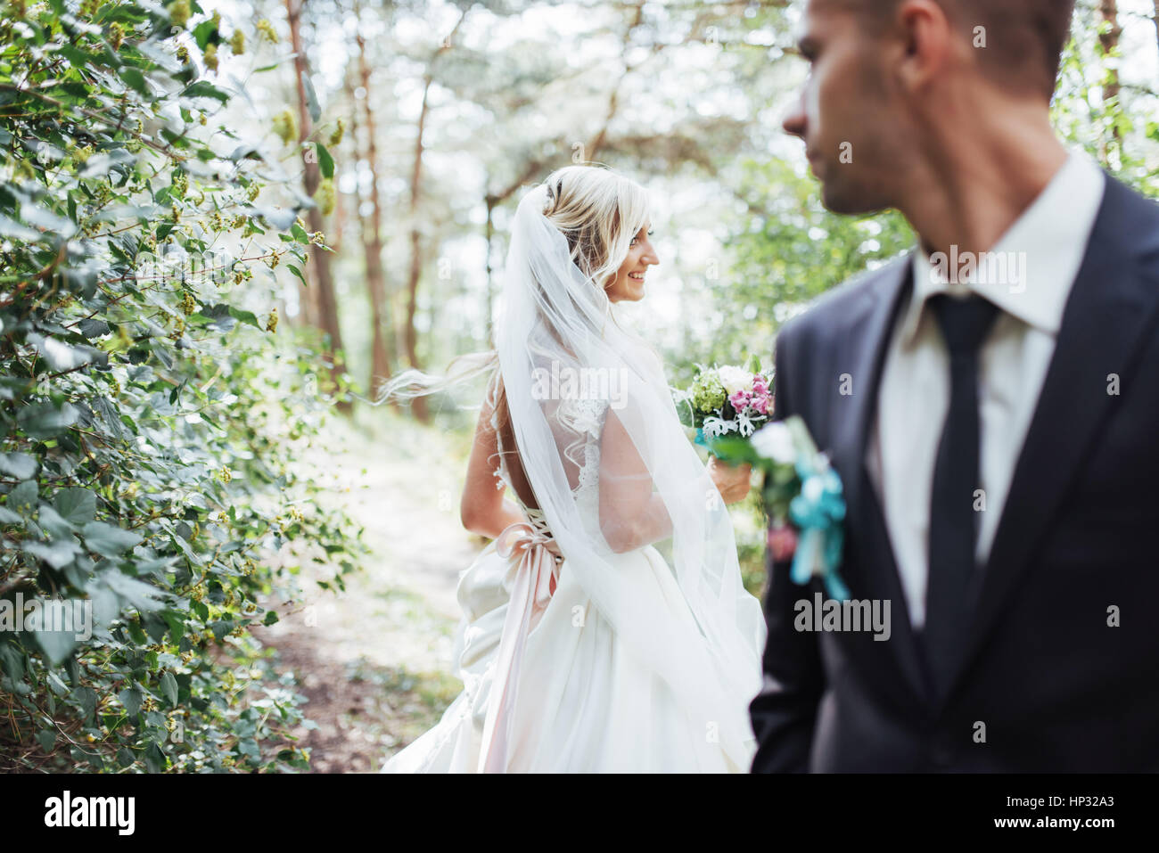 Happy young couple poses for photographers on her happiest day Stock ...