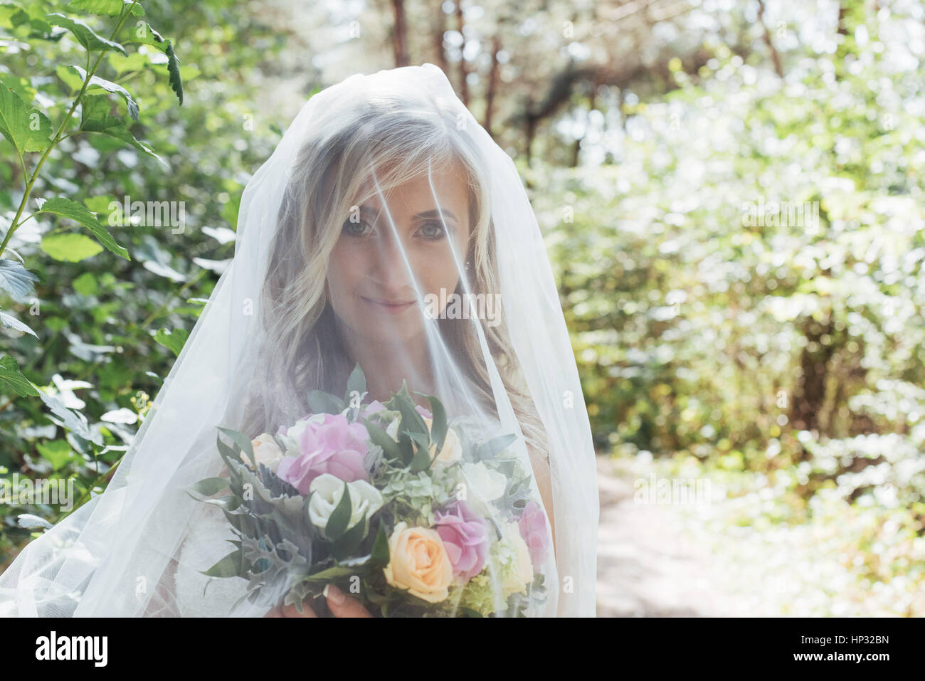 Portrait of a happy bride posing with veil Stock Photo - Alamy