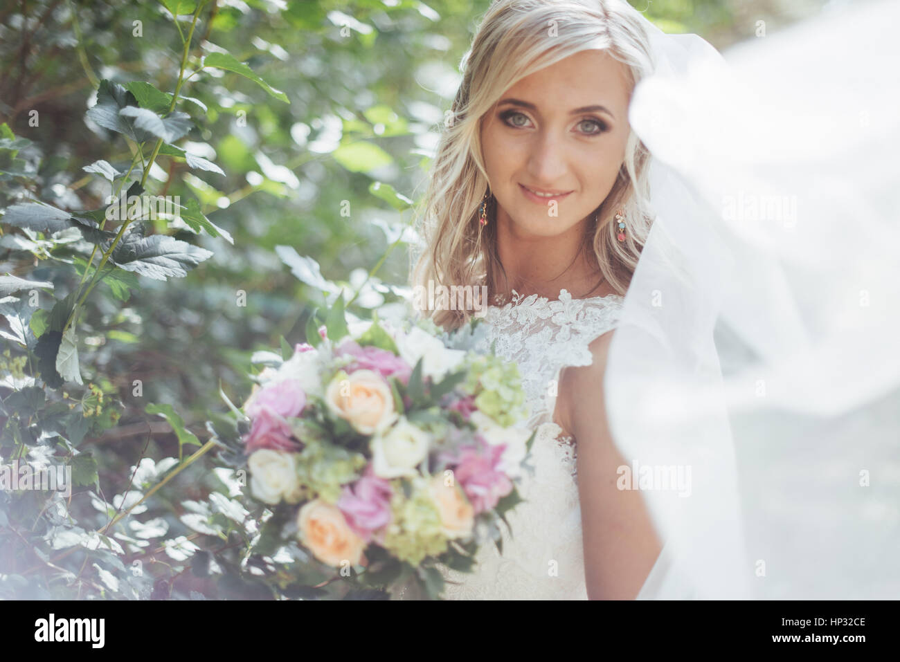 Portrait of a happy bride posing with veil Stock Photo - Alamy