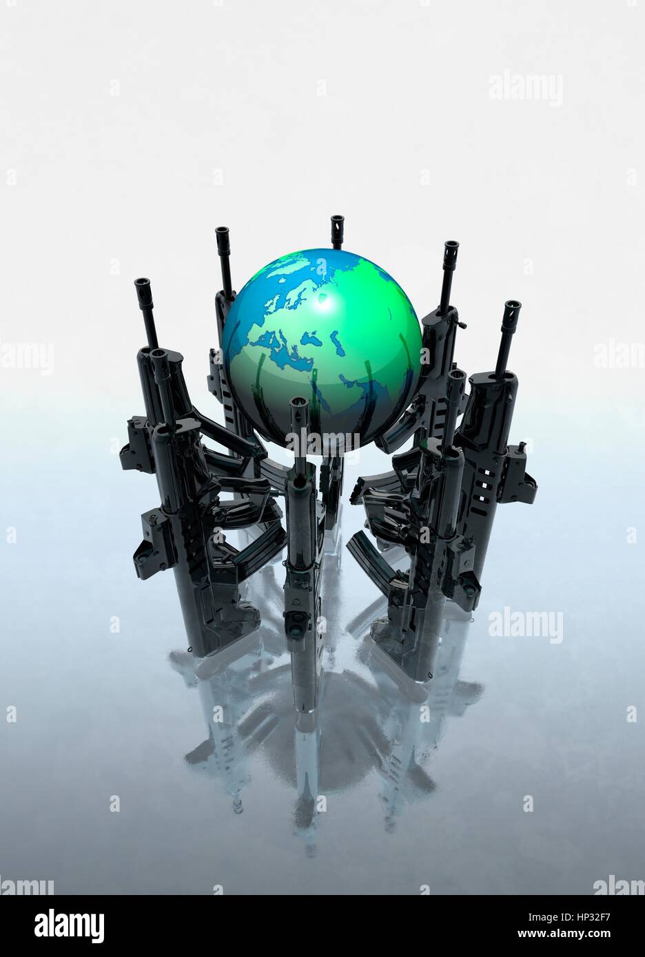 Planet earth surrounded by weapons, illustration Stock Photo - Alamy