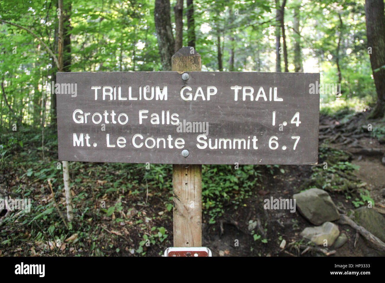 Trillium Gap Trail sign in Smoky Mountains National Park Stock Photo ...