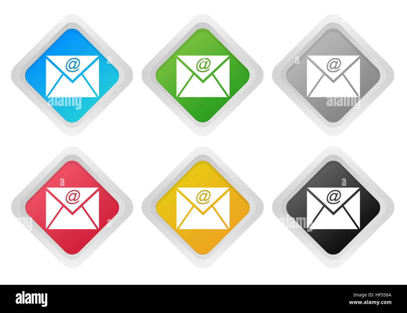 Set of rhombus shaped colorful buttons with email symbol in blue, green ...