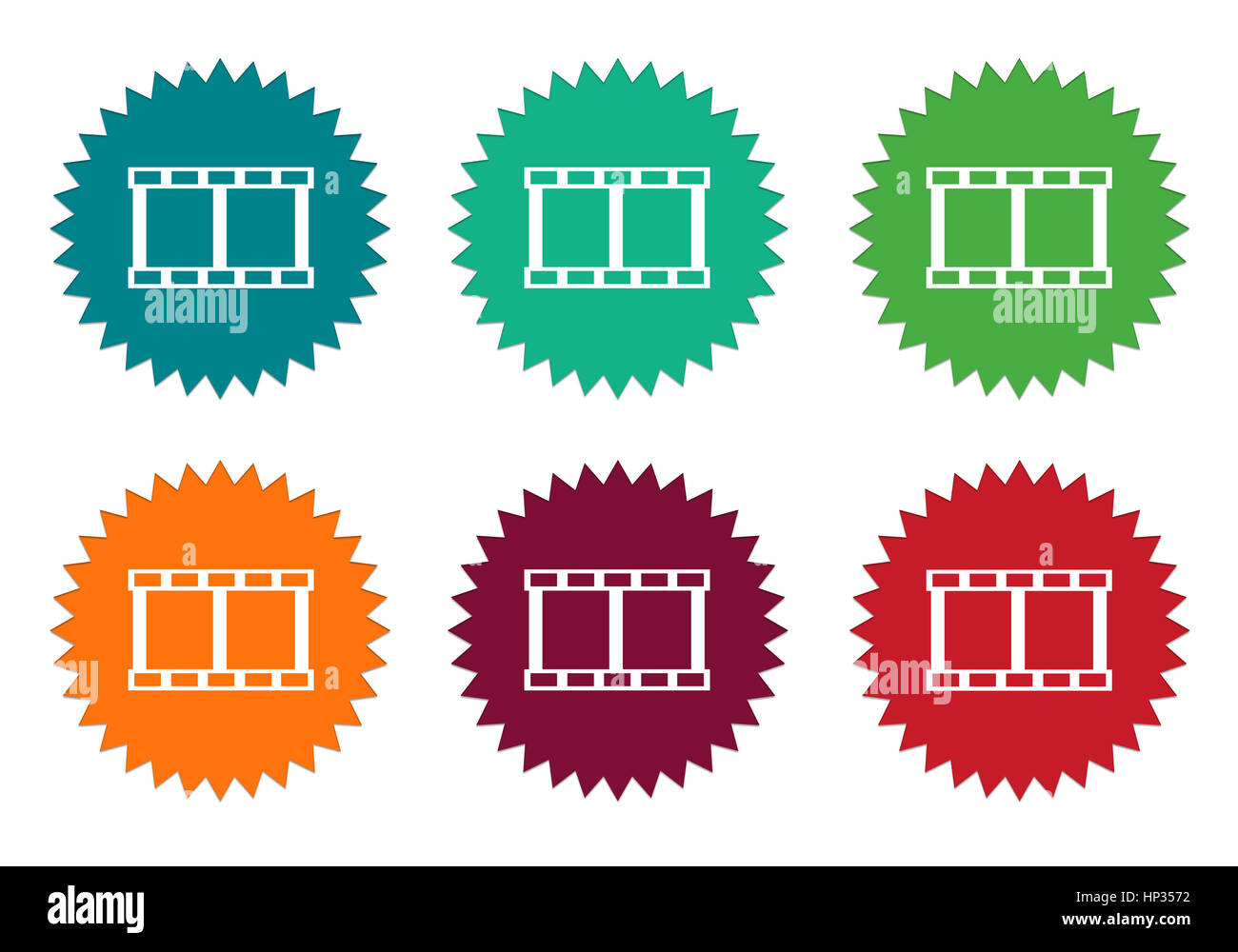 Set of colorful stickers icons with movie symbol in blue, green, red ...