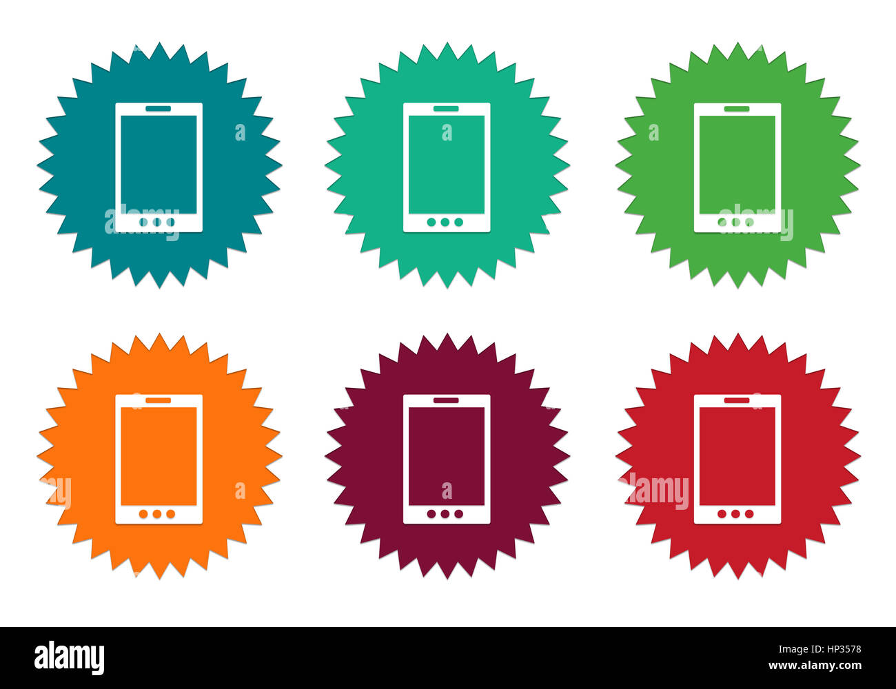 Set of colorful stickers icons with phone symbol in blue, green, red ...