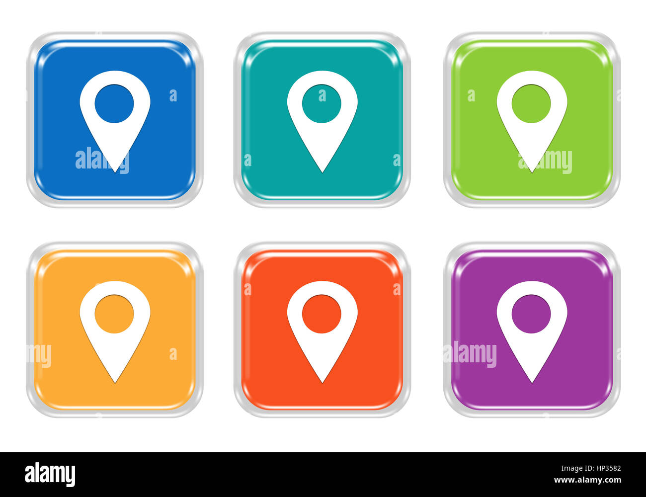 Set of squared colorful buttons with markers on maps in blue, green ...