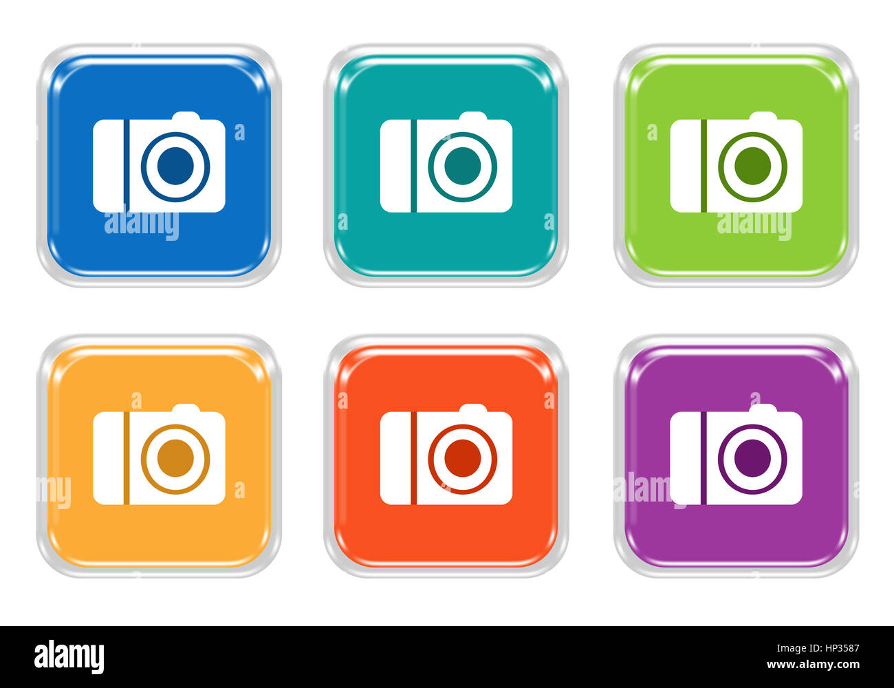 Set of squared colorful buttons with camera symbol in blue, green ...