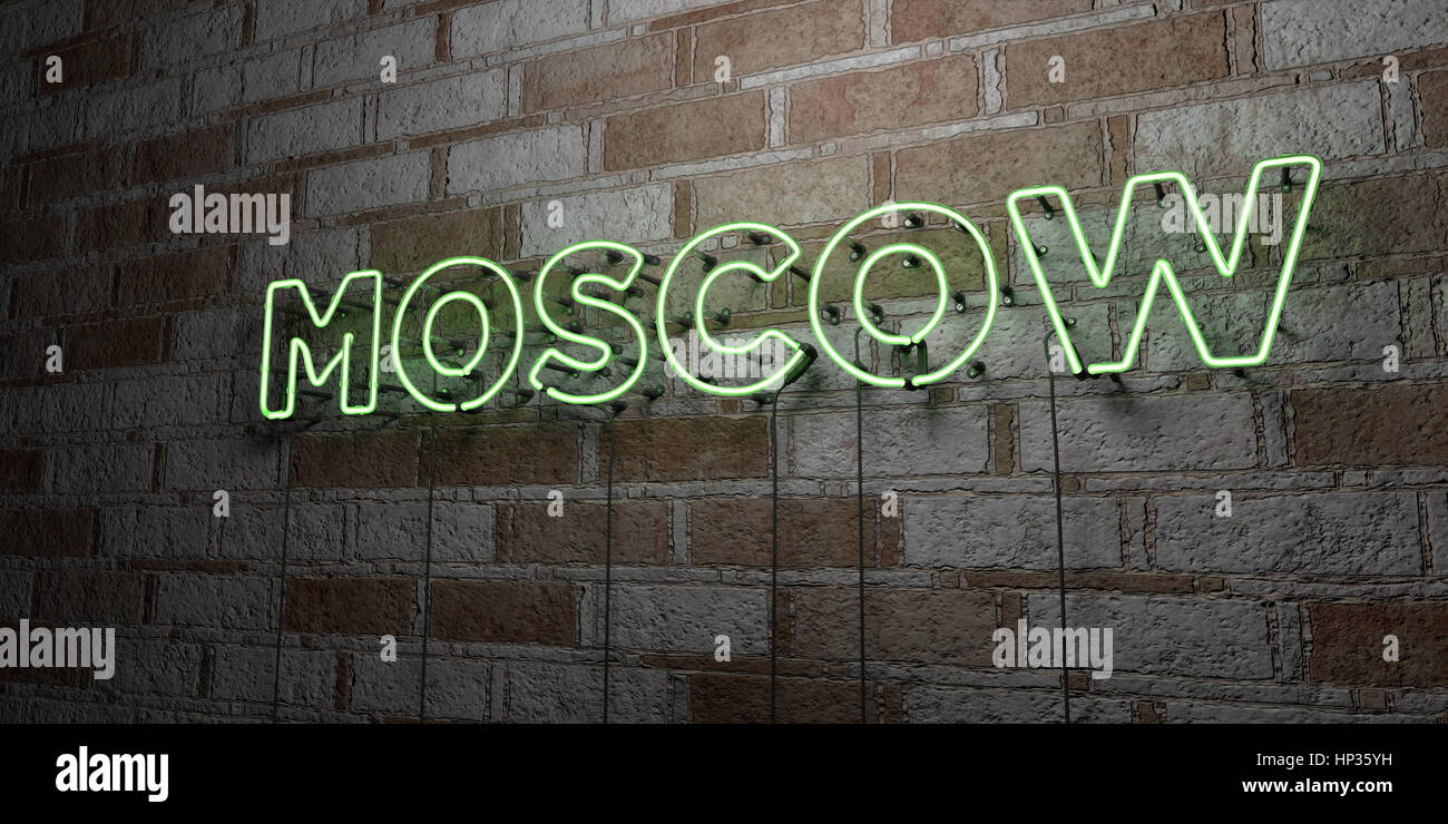 MOSCOW - Glowing Neon Sign on stonework wall - 3D rendered royalty free ...