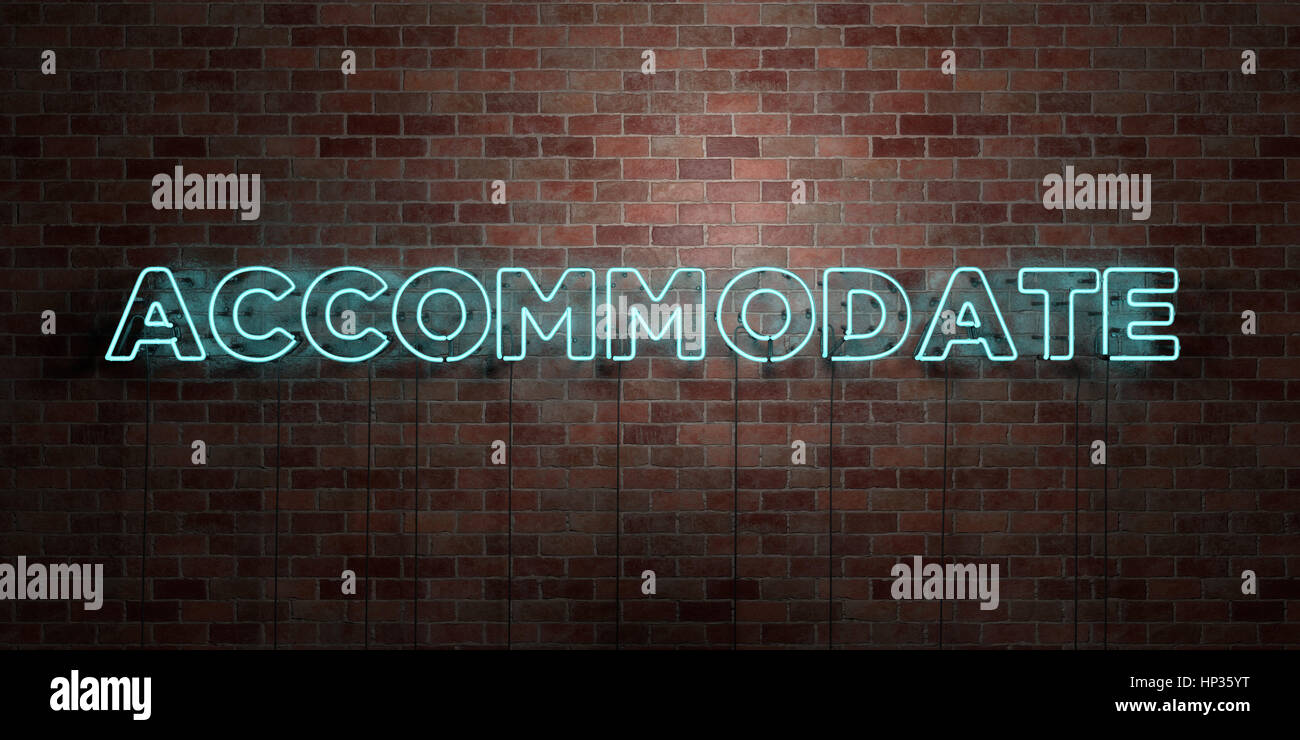 ACCOMMODATE - fluorescent Neon tube Sign on brickwork - Front view - 3D ...