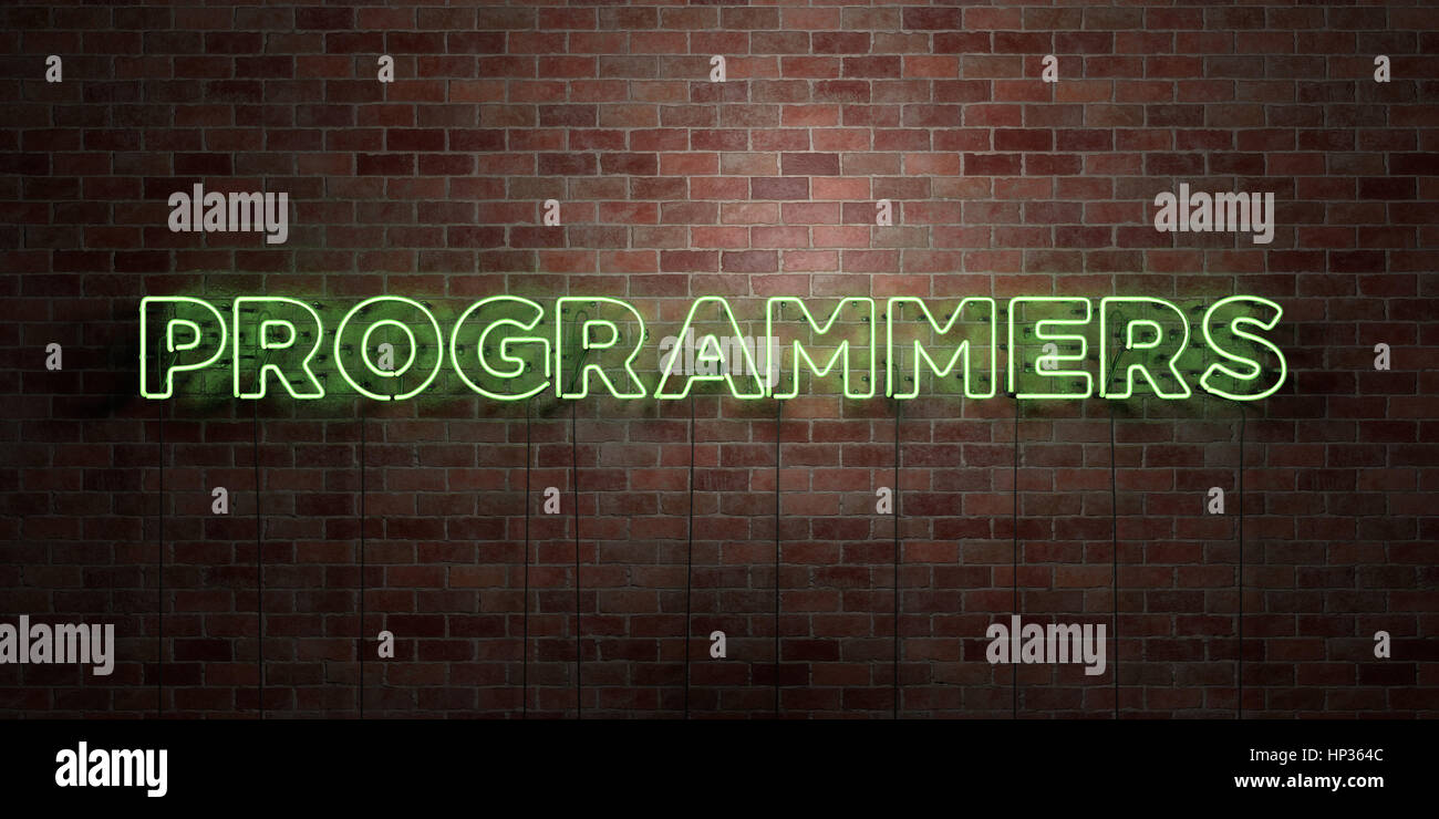 PROGRAMMERS - fluorescent Neon tube Sign on brickwork - Front view - 3D ...
