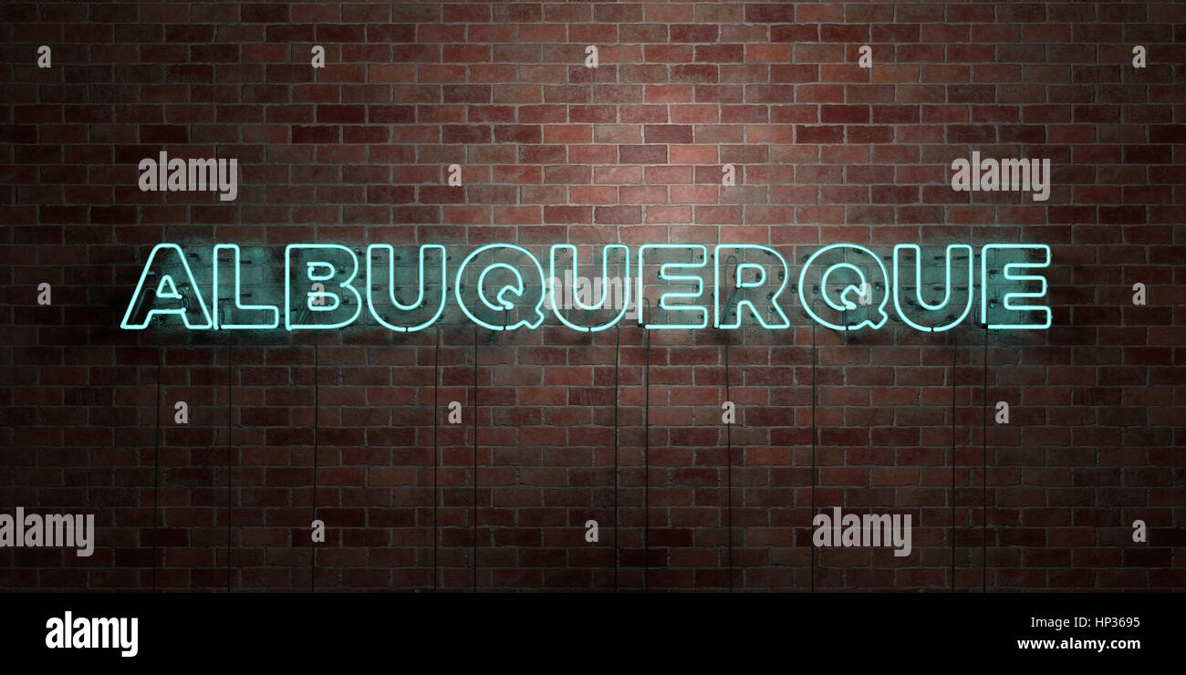 ALBUQUERQUE - fluorescent Neon tube Sign on brickwork - Front view - 3D ...