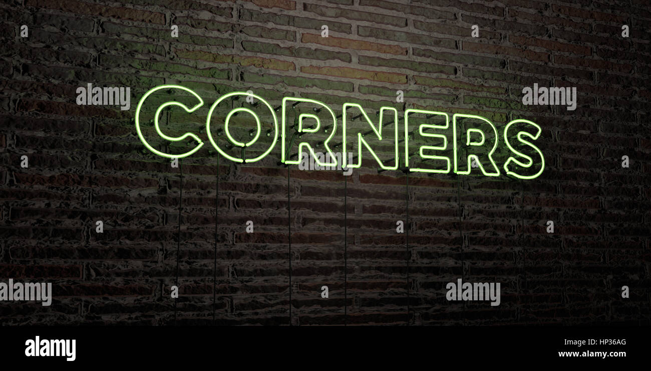 CORNERS -Realistic Neon Sign on Brick Wall background - 3D rendered ...