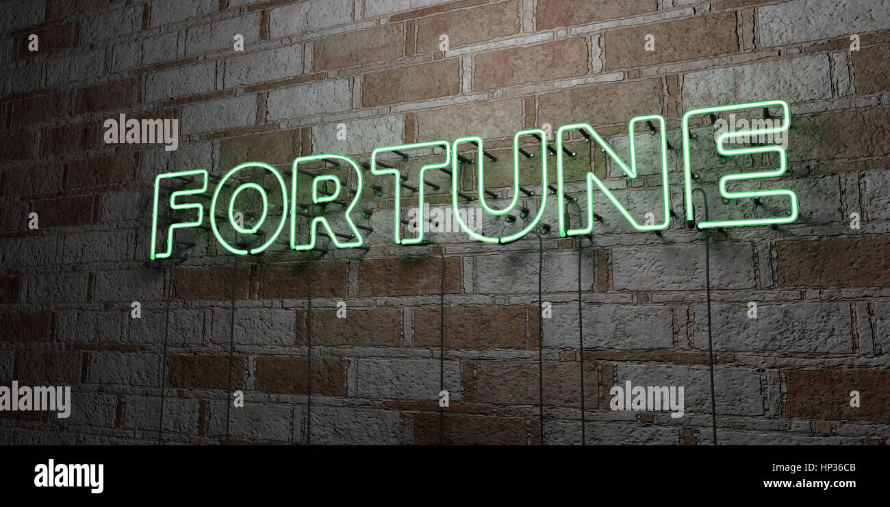 FORTUNE - Glowing Neon Sign on stonework wall - 3D rendered royalty ...