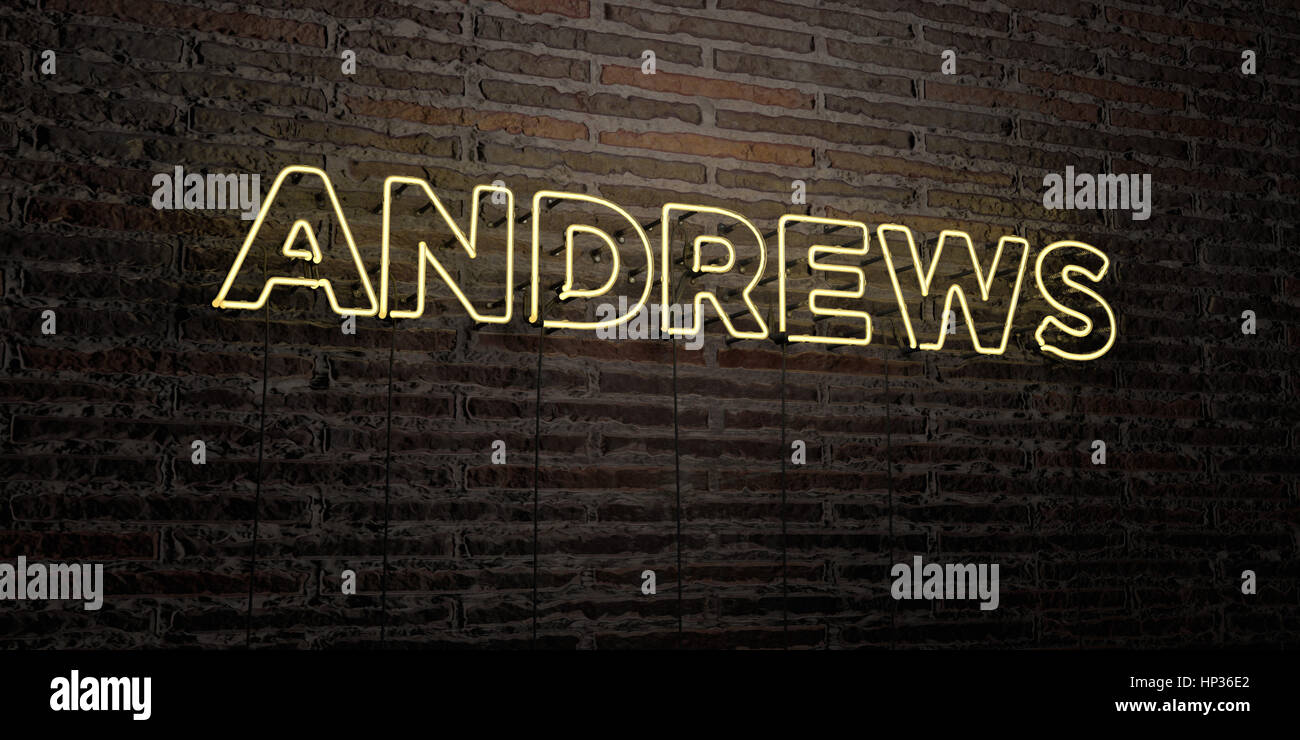 ANDREWS -Realistic Neon Sign on Brick Wall background - 3D rendered ...