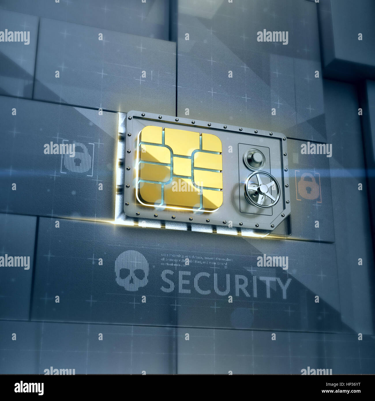 Network security. sim card safe deposit box's digital vault door in ...