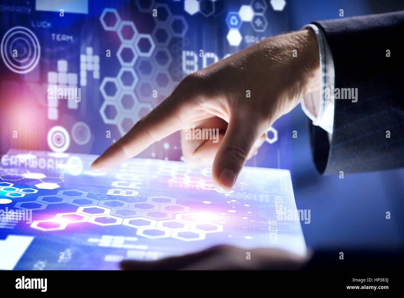 Businessman hand touching with finger virtual panel with infographs ...