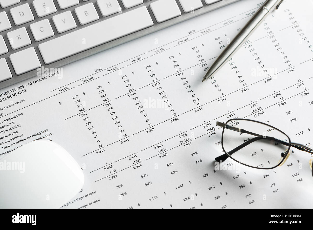 Business workplace with keyboard mouse and papers with graphs and ...