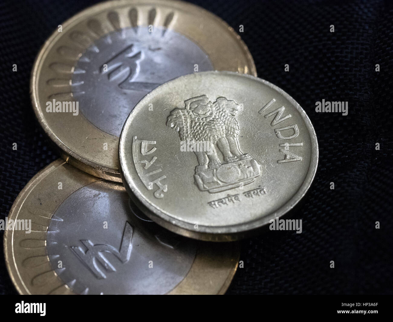Close-up pictures of Indian currency coins showing details, yellow and ...