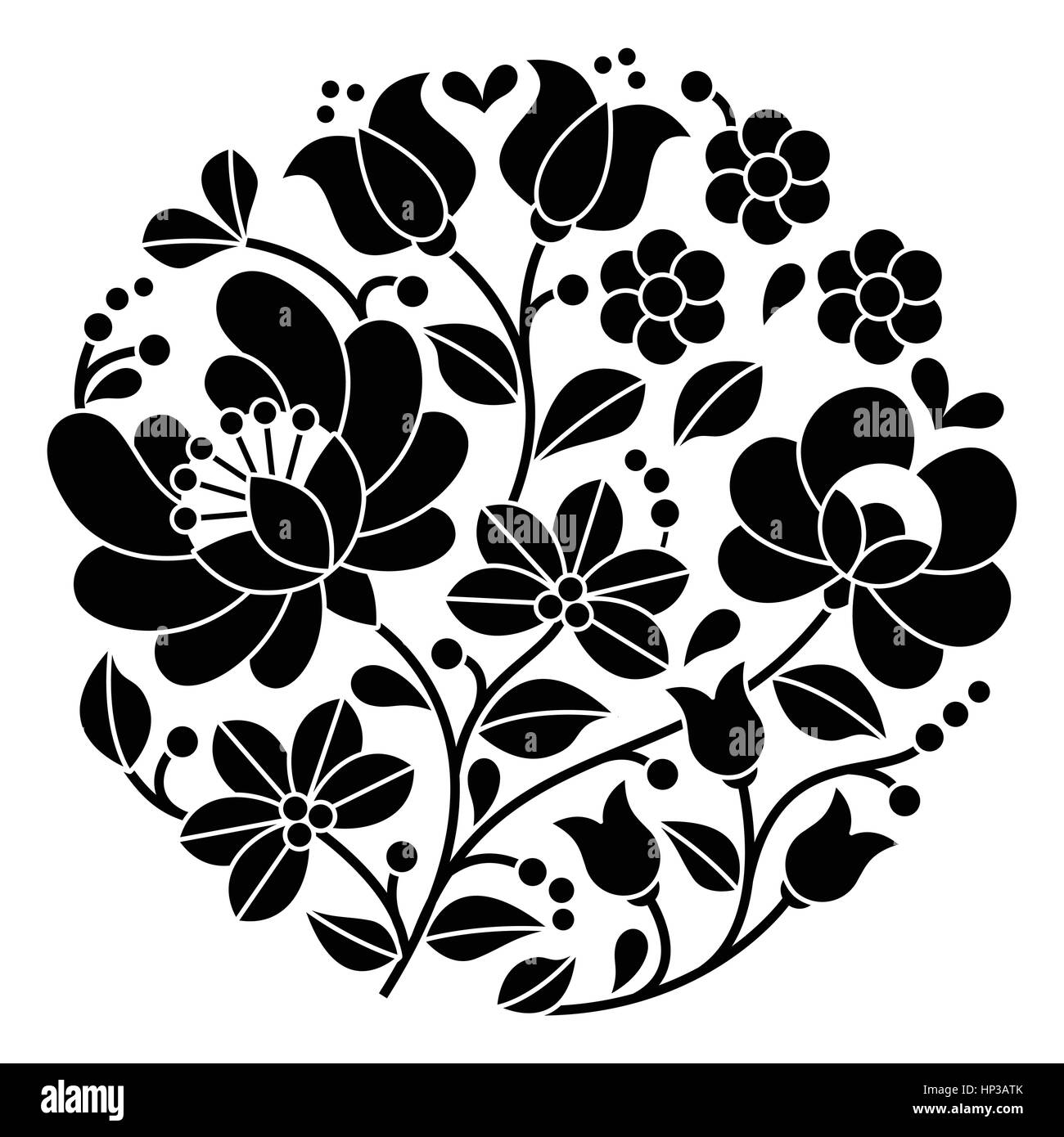 Kalocsai black embroidery - Hungarian round floral folk pattern. Vector ...