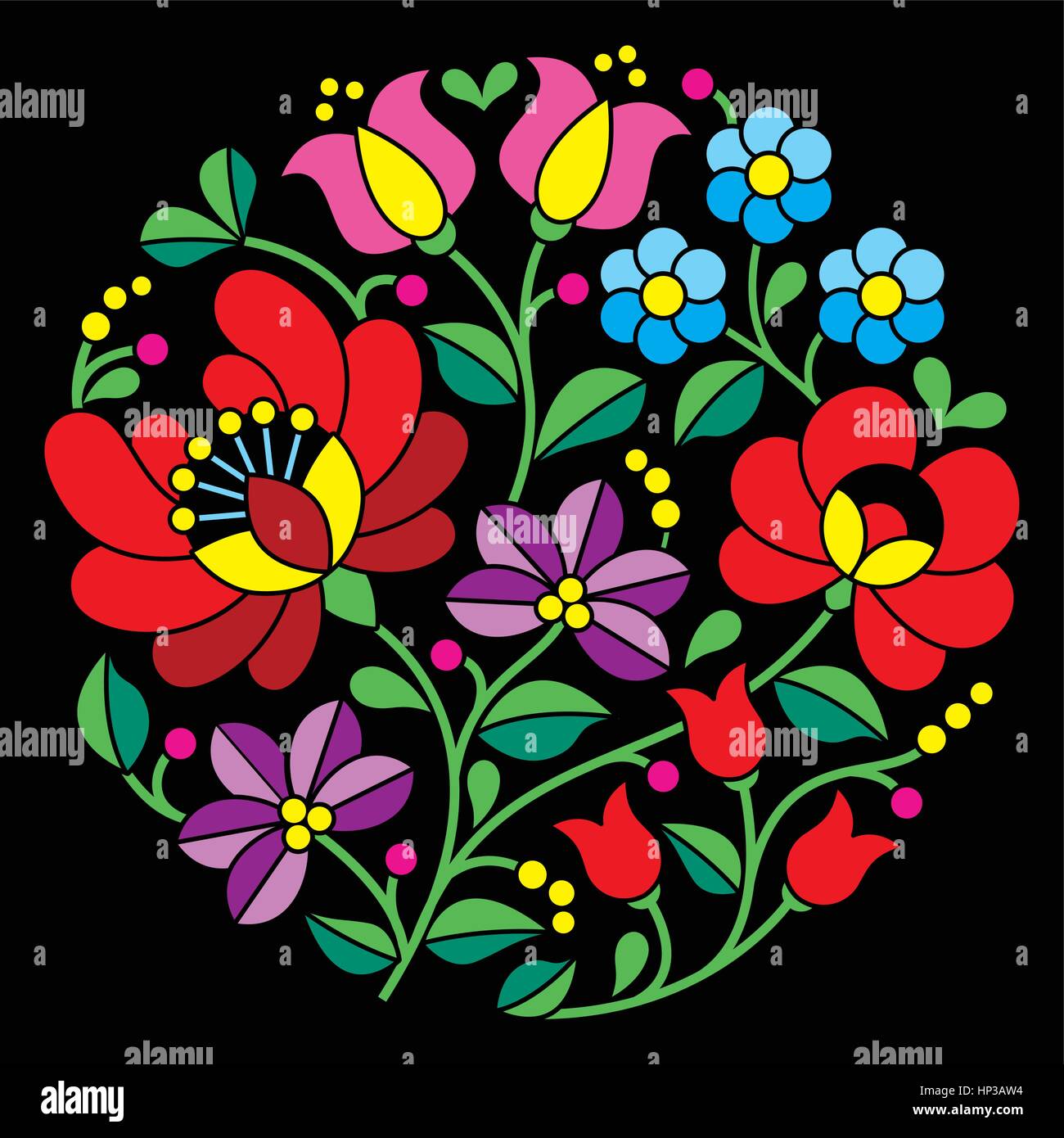 Kalocsai embroidery - Hungarian round floral folk pattern on black ...