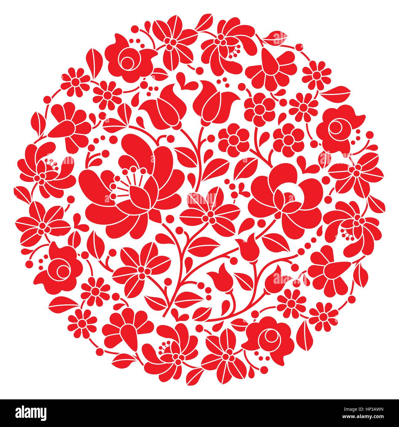 Kalocsai folk art embroidery - red Hungarian round floral folk pattern ...