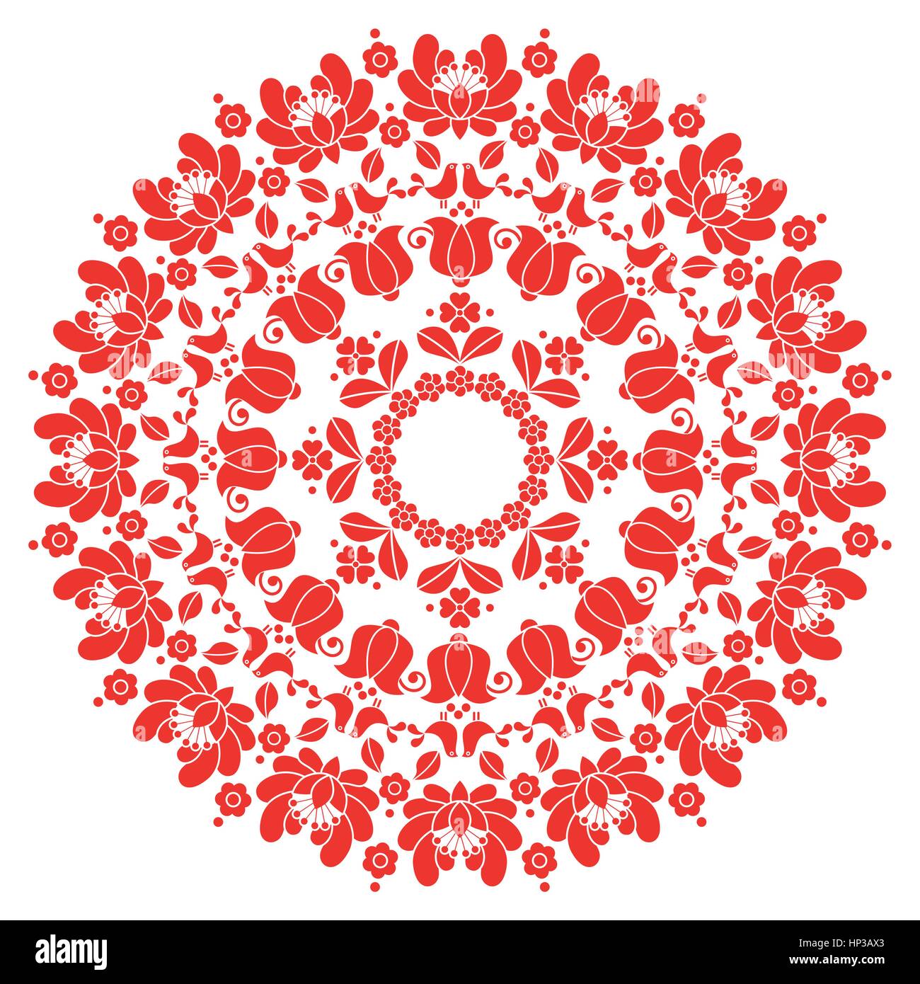 Kalocsai red floral embroidery - Hungarian round folk art pattern Stock ...