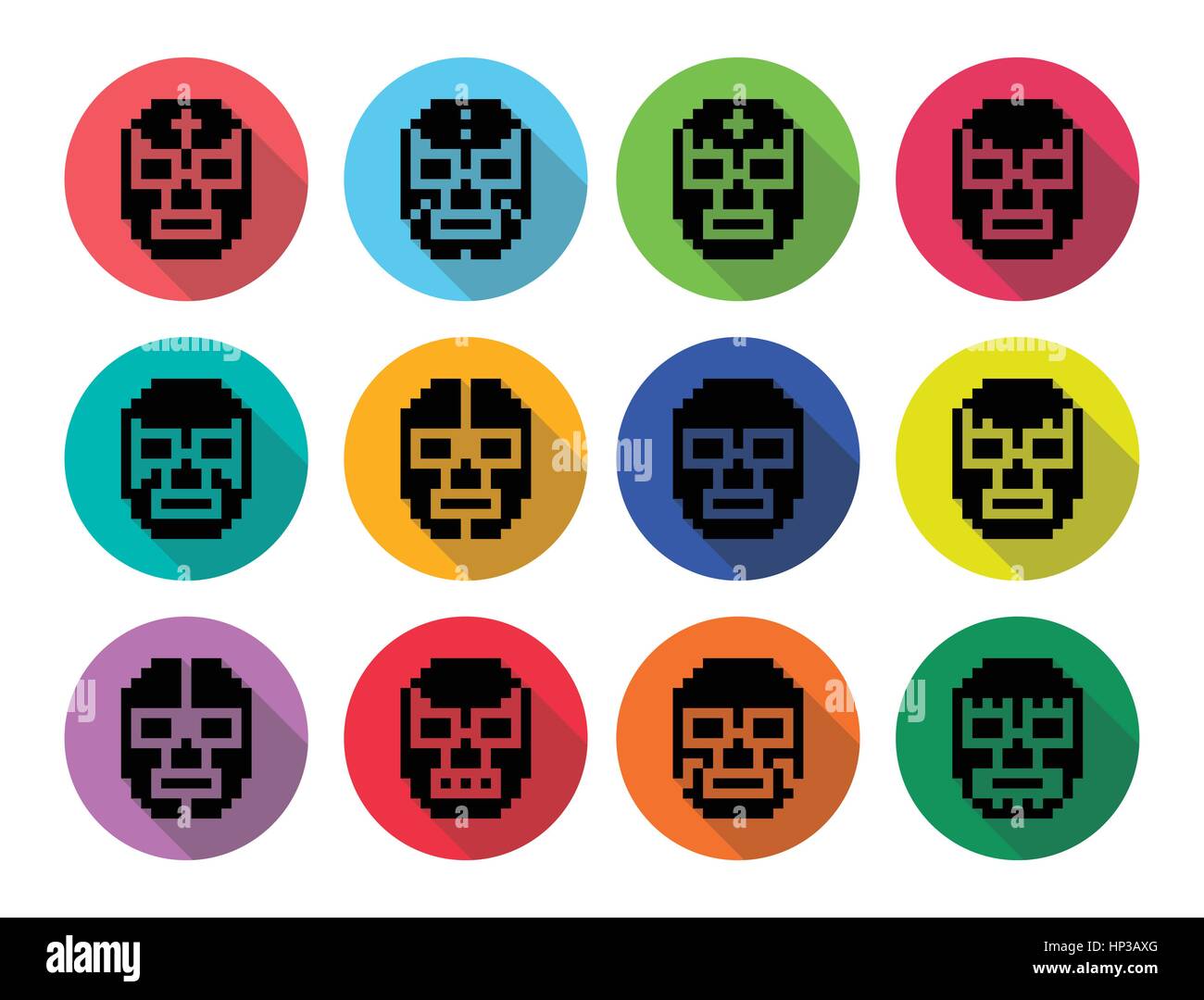 Lucha Libre, luchador pixelated Mexican wrestling masks black icons ...