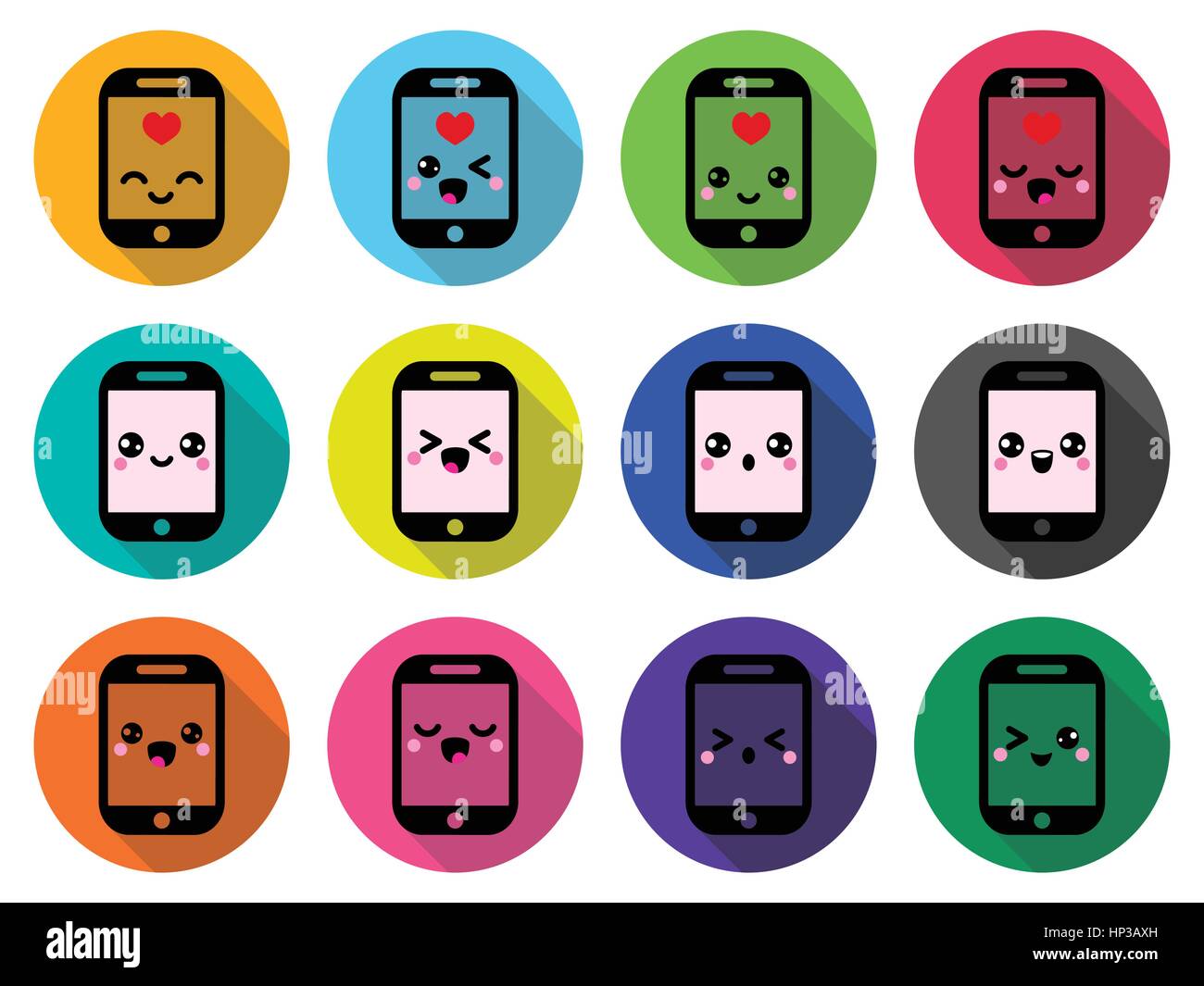 Japanese cute Kawaii character - mobile or cell phone icons set. Vector ...