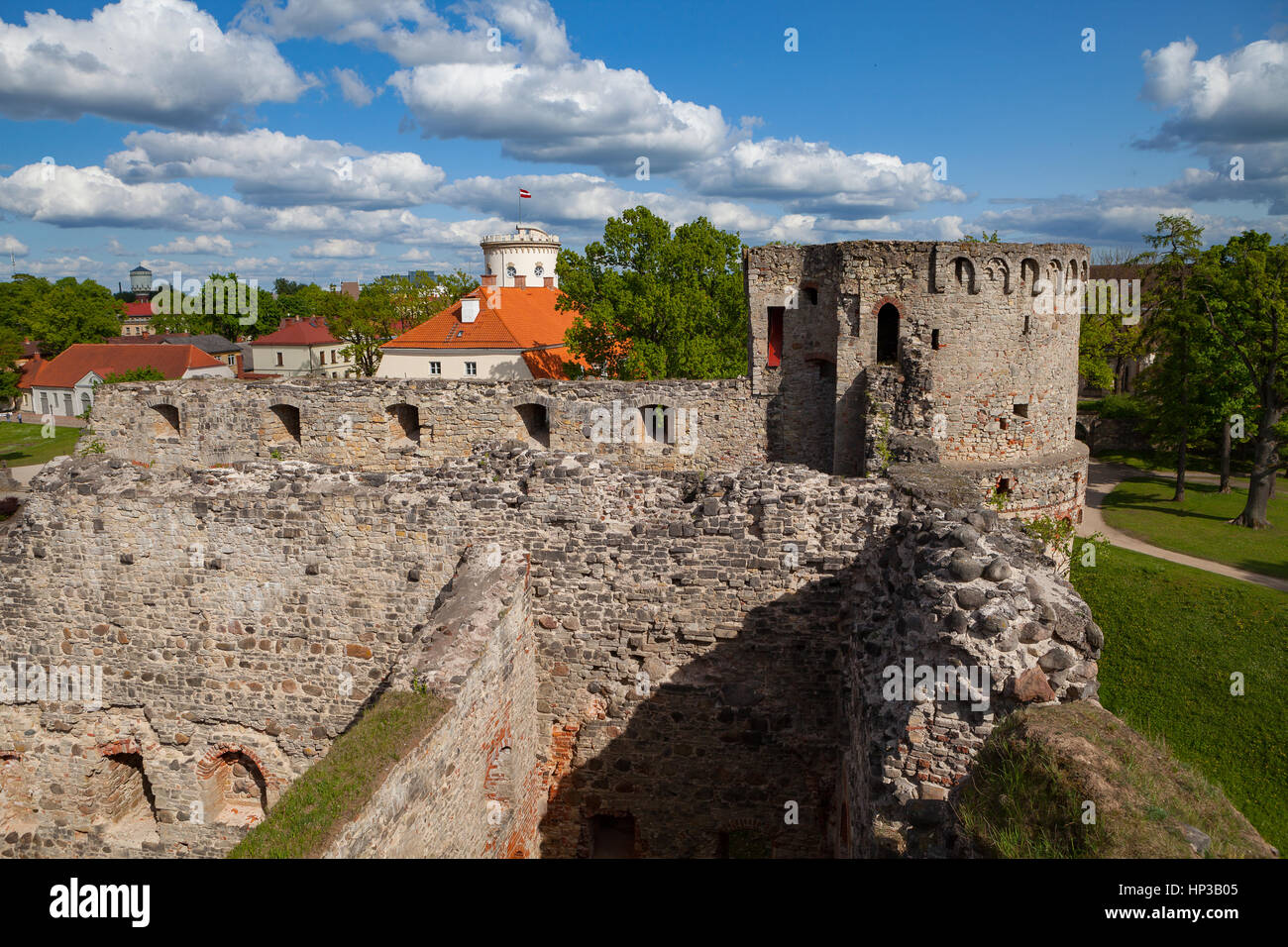 Aerial view of beautiful ruins of ancient Livonian castle in old town ...