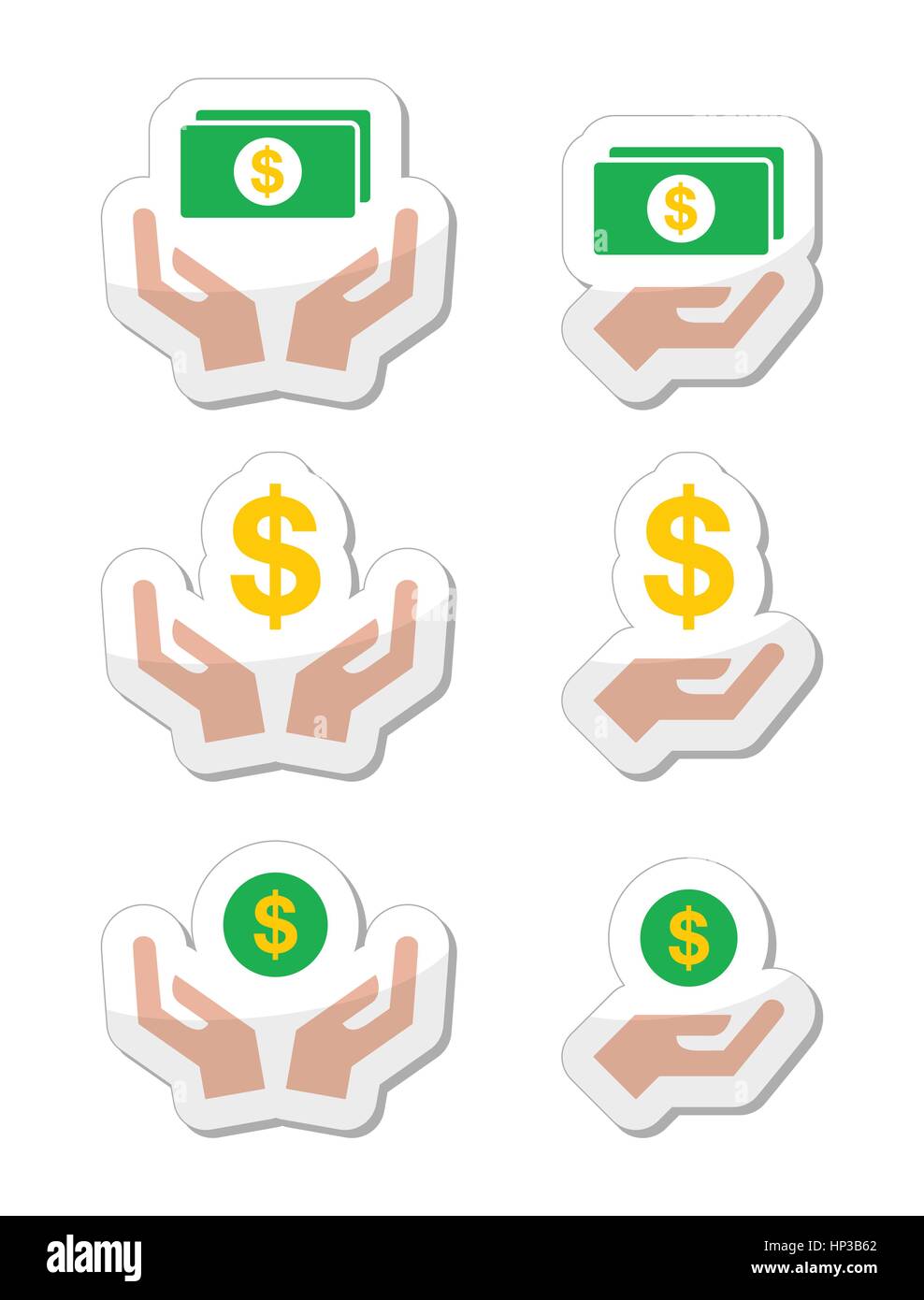 Hands with pound banknote, coin vector icons set. Hands holding money ...