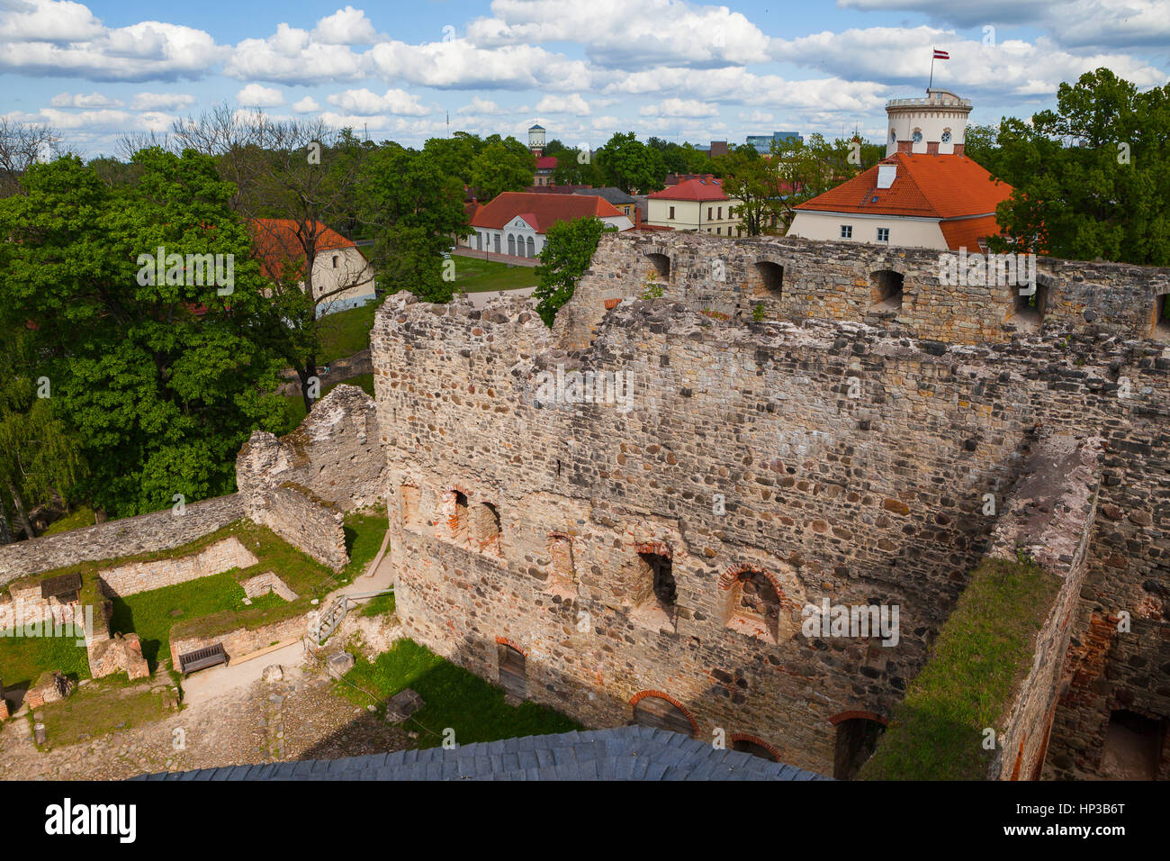 Aerial view of beautiful ruins of ancient Livonian castle in old town ...