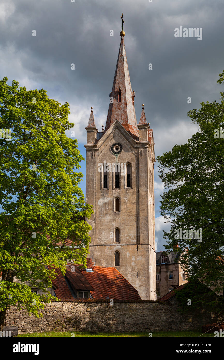 Medieval church of Saint John in Cesis, Latvia. Greenery and summer ...