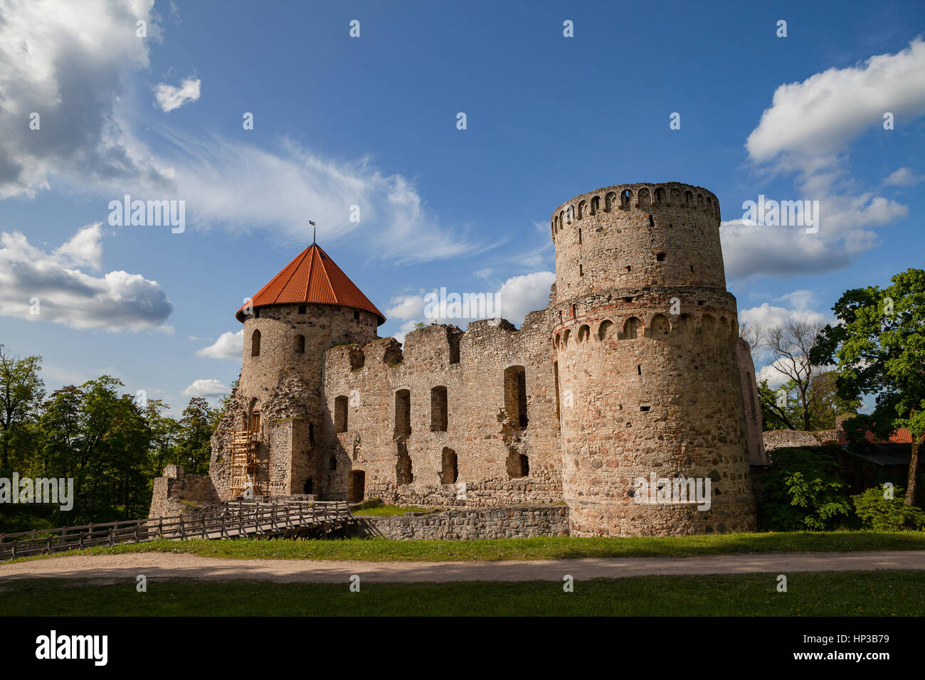 View of beautiful ruins of ancient Livonian castle in old town of Cesis ...